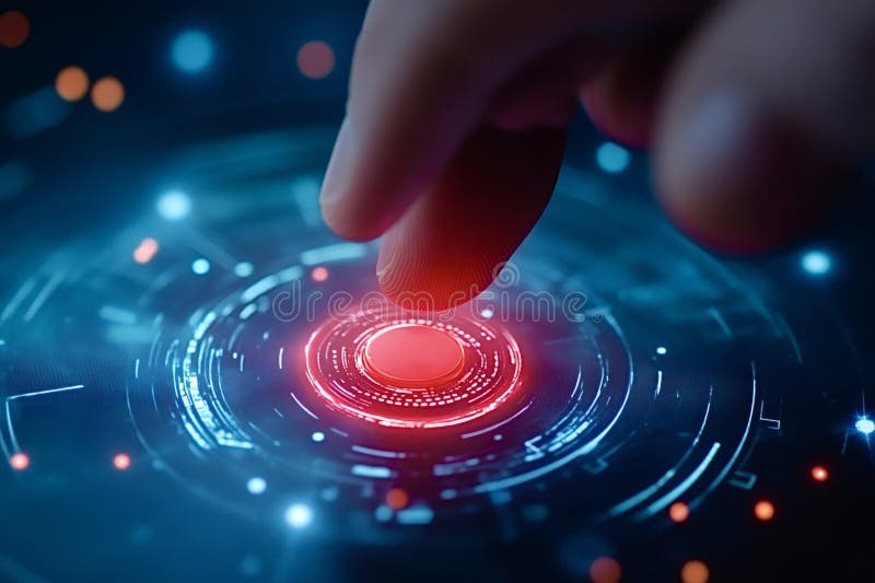Finger Activating Digital Button, Launching Futuristic Interface Stock ...