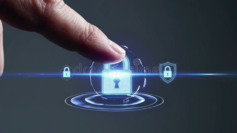 Finger Activating Digital Lock and Shield Icons on Futuristic Interface ...