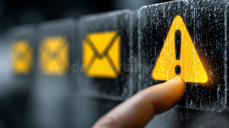Finger Activating an Exclamation Mark Warning Button with Mail Icons ...