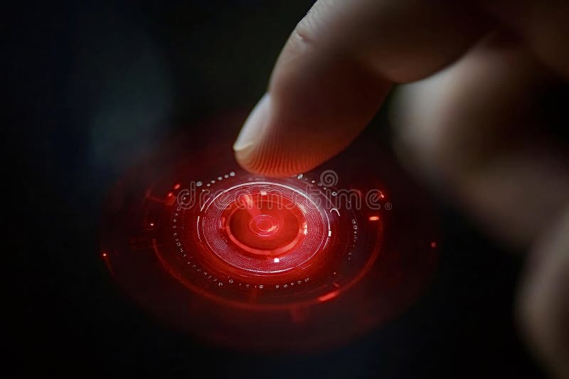 Finger Activating Futuristic Red Holographic Interface with Data Stock ...