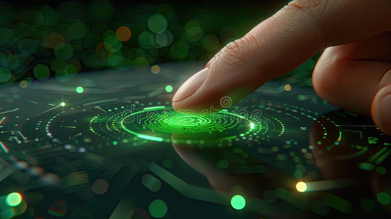 Finger Activating a Glowing Green Fingerprint Sensor on a Dark ...
