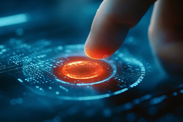 Finger Activating Digital Button on Futuristic Glowing Interface Stock ...