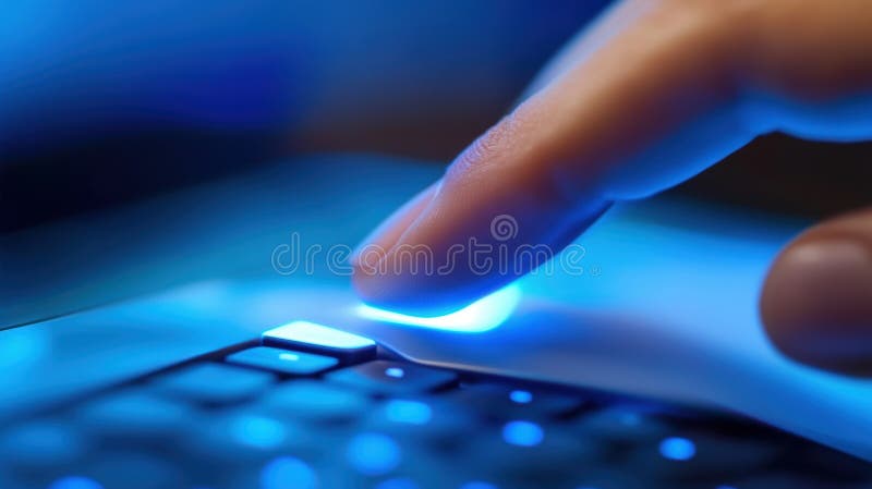 Finger Activating Power Button Starting a Device with Blue Light Stock ...