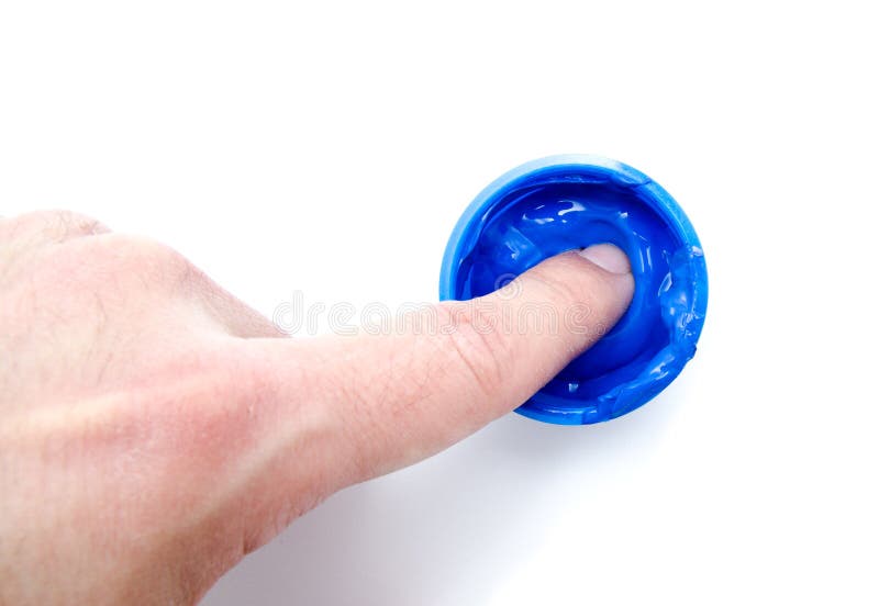Finger and Blue Color Paint in a Jar on White Background Stock Photo ...
