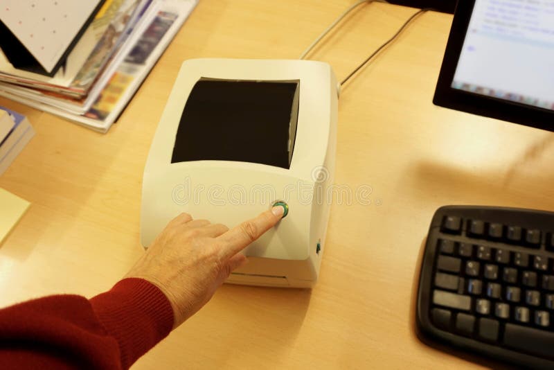 Finger on Button on the Pos Printer on the Office Desk Stock Photo ...