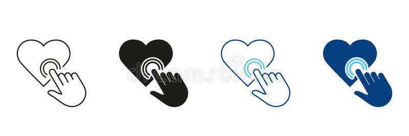 Finger Click the Heart Shape Button Line and Silhouette Icon Set. Human ... Finger Click the Heart Shape Button Line and Silhouette Icon Set. Human ...