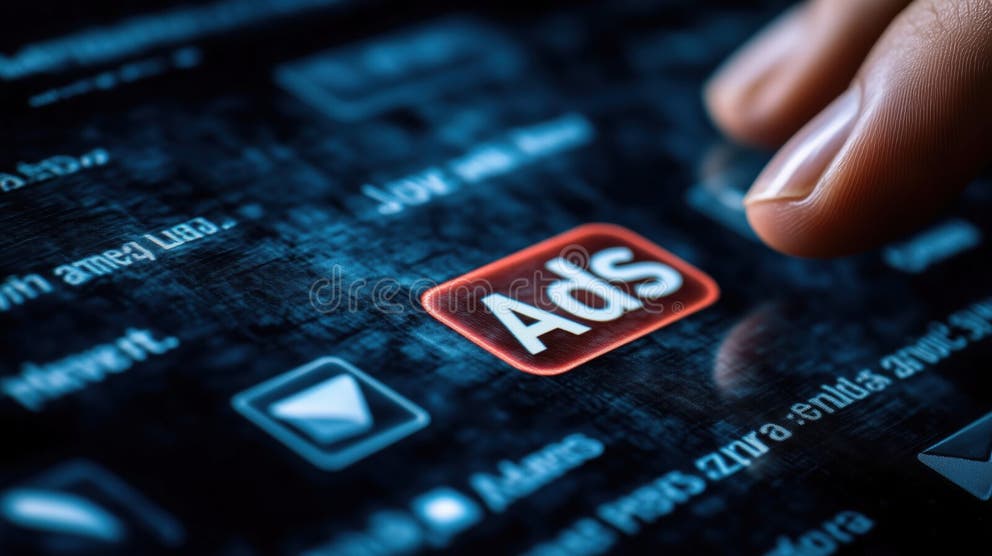 Finger Clicking on Ads Button on Digital Screen, Showcasing Interaction ...