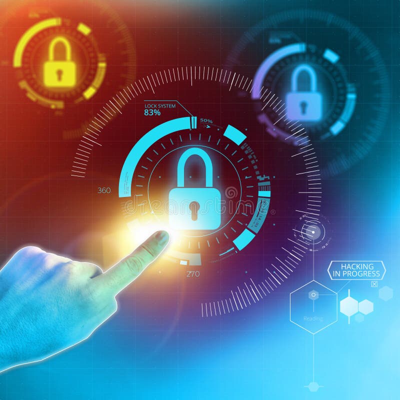 Finger Clicking on a Display with a Lock Icon. HUD Display Showing Stages of Hacking in Progress ...