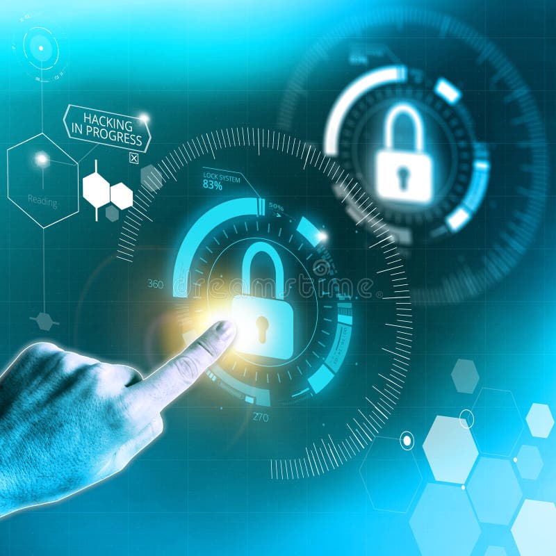 Finger Clicking on a Display with a Lock Icon. HUD Display Showing ...
