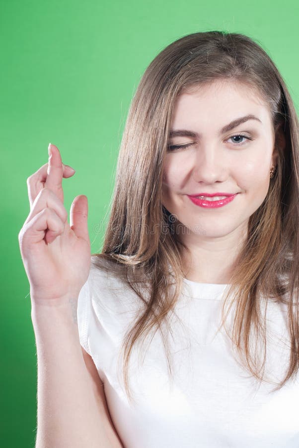 Finger Cross For Good Luck By Beautiful Woman Stock Image - Image of ...