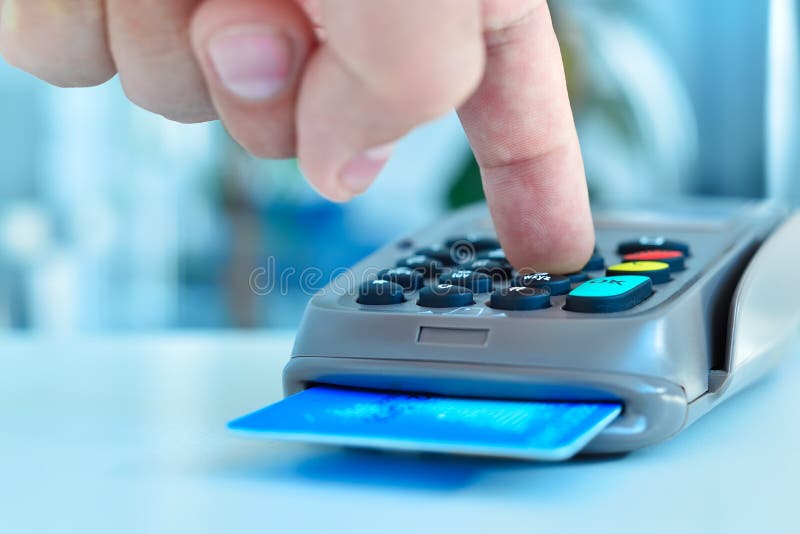 Finger Dials Pin Code on Pos Terminal. Payment on Pos Terminal Stock ...