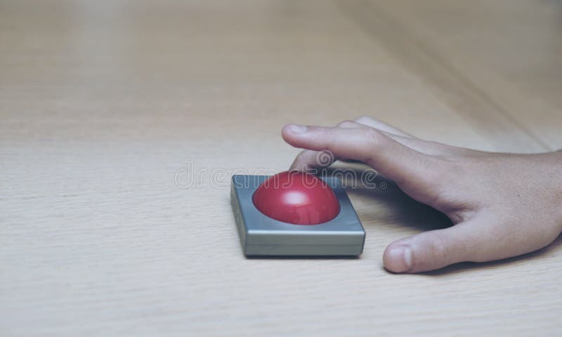 Finger Extended Press the Red Button on Wood Table. Stock Image - Image ...