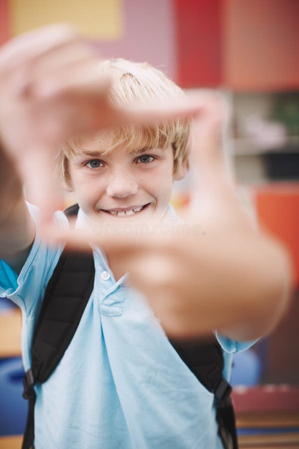 Finger, Frame and Boy Student with Portrait in Classroom for Creative ...