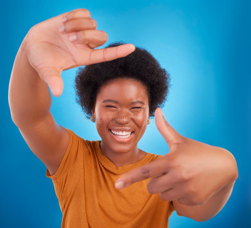 Finger Framing Portrait And Happy Black Woman On Blue Background