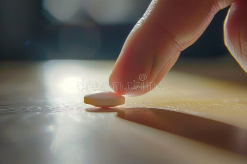 Finger Gently Touching Medicine Tablet on Table Surface Stock ...