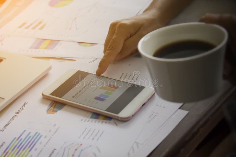 Finger Indicate Business Report Diagram on Mobile, Working Stock Image ...