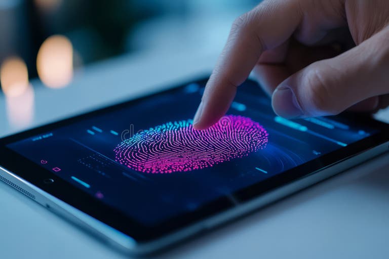 Finger Interacting with a Digital Fingerprint Scan Interface on a ...
