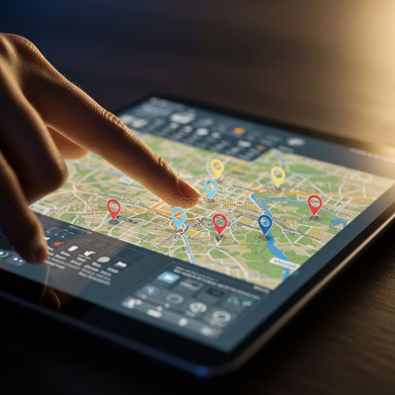 Finger Interacting with a Digital Tablet Displaying a Map. the Screen ...