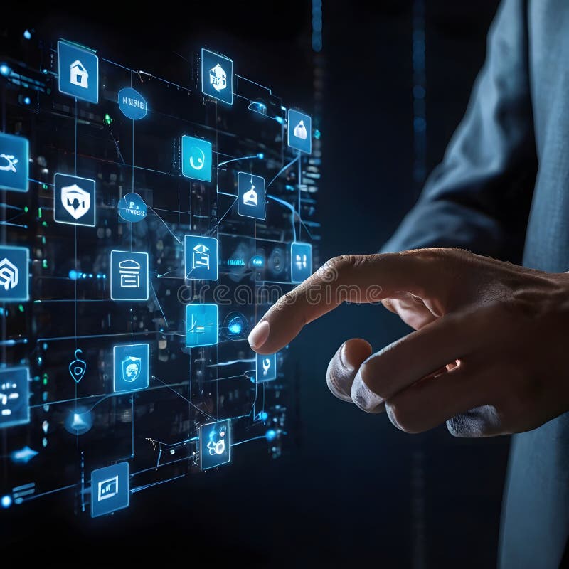 A Finger Interacting with a Futuristic Holographic Interface Displaying Interconnected Icons ...