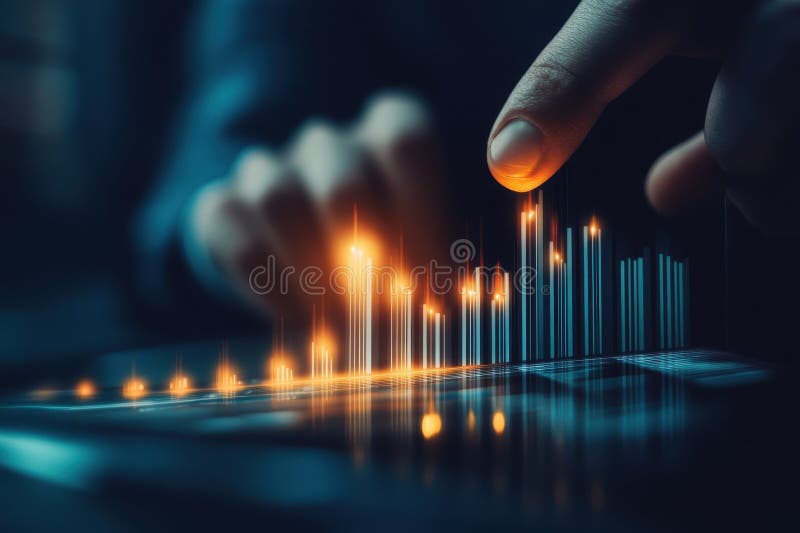 Finger Interacting with Glowing Digital Data Bars Stock Illustration ...