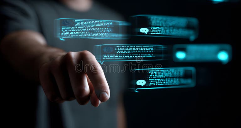 Finger Interacting with Holographic Chat Bubbles Representing Modern Communication and ...