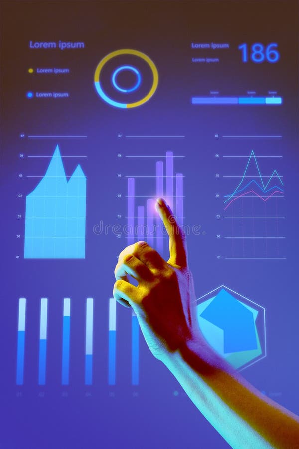 Finger Interacting with Tall Bar Graph, Illuminated in Vibrant Purple ...