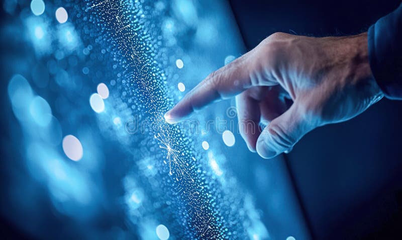A Finger Interacts with a Digital Interface Featuring Glowing Blue ...