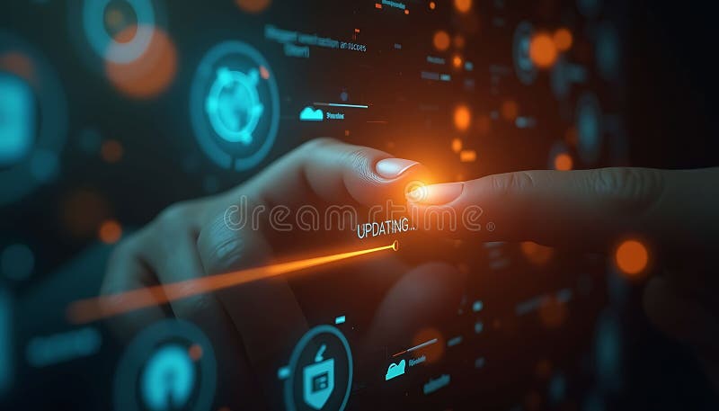 A Finger Touches an Updating Interface with Glowing Orange Light and ...