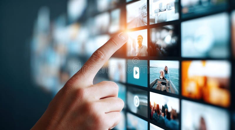 A Finger Interacts with a Screen, Selecting Media from a Wall of ...