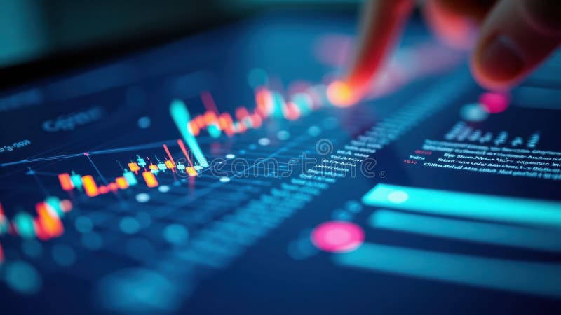 A Finger Interacts with Vibrant Digital Charts on a Touchscreen ...