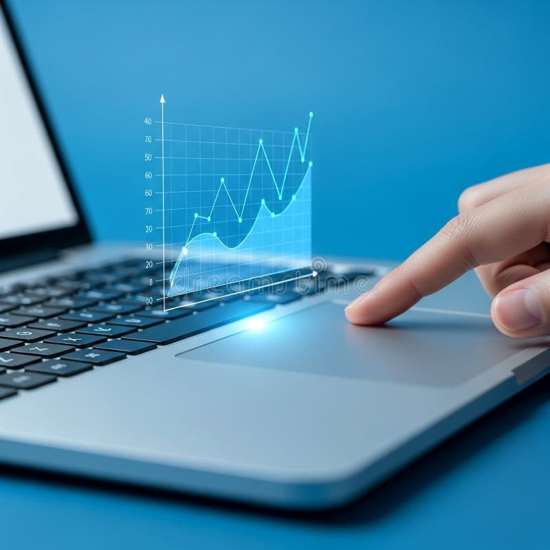 Finger on Laptop Touchpad with Graph Overlay on Blue Background Stock ...