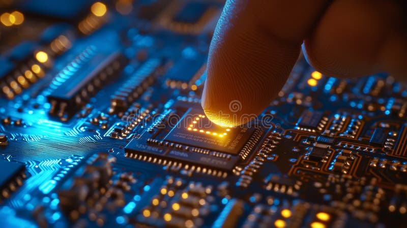 A Finger Making Contact with a Radiant Red Central Processing Unit ...