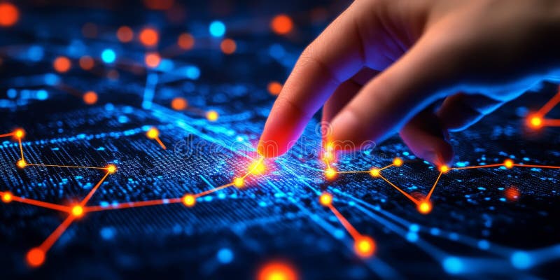 Finger Navigating a Network of Connections, Data Points, and Glowing ...