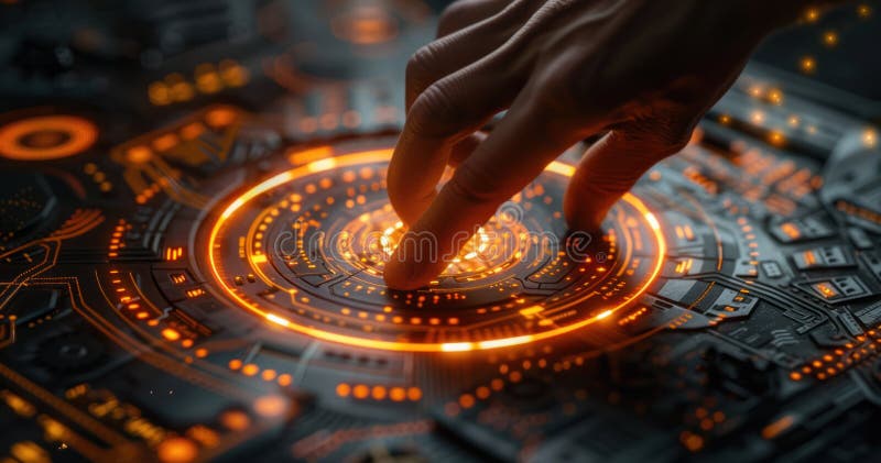 The Finger of a Person Pushing the Computer on a Circular Screen Stock ...