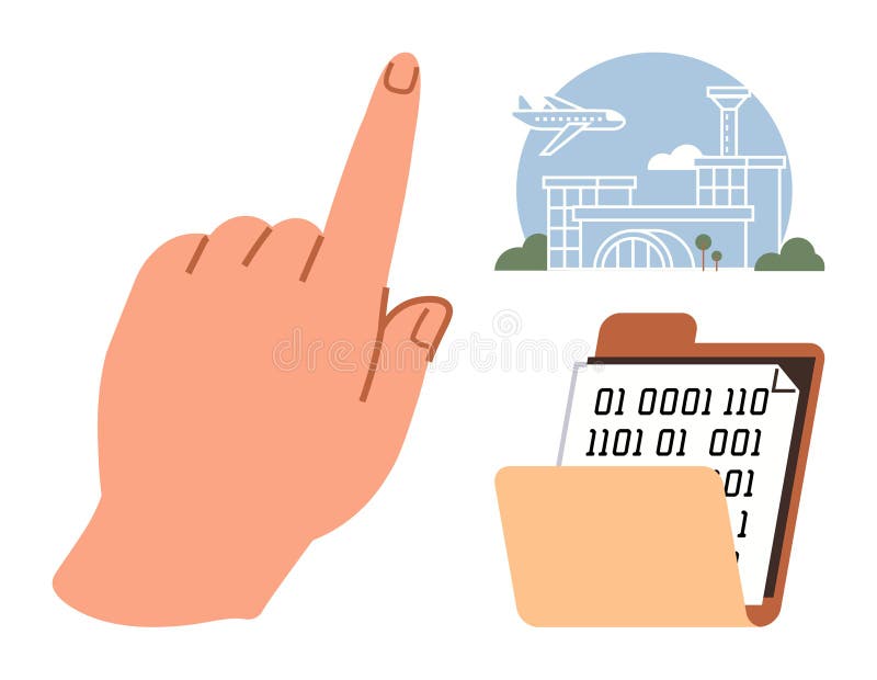 Finger Pointing with Airport Terminal Scene and Clipboard Holding Binary Code Document Stock ...
