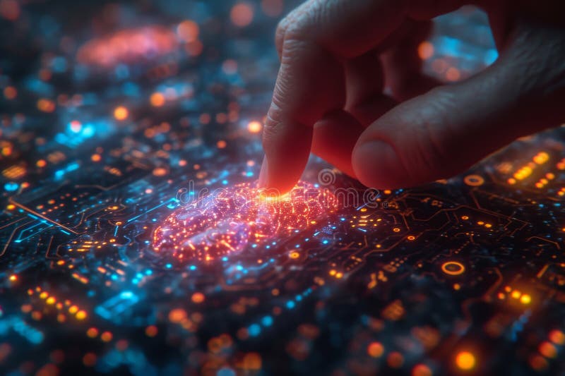 Finger Pointing at Glowing Circuit Board. Stock Photo - Image of ...