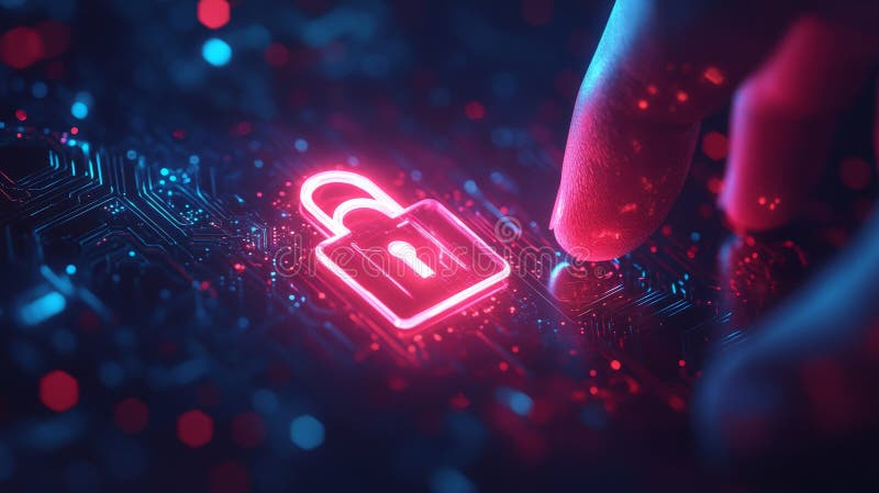 Finger Pointing at Glowing Neon Abstract Lock Icon on Navy Background ...