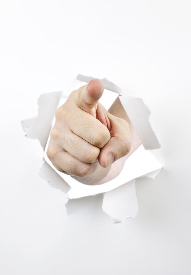 A View of a Male Hand Pointing through a Hole in Paper Stock Image ...