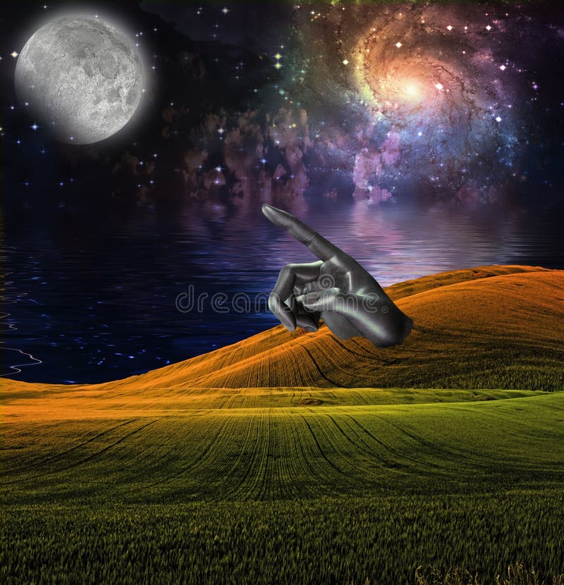 Finger pointing at moon stock illustration. Illustration of fantastic ...