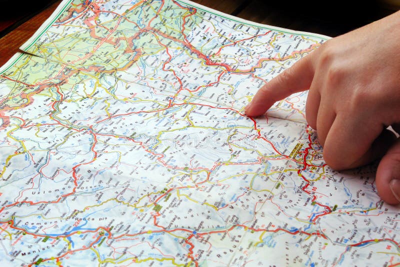 Finger Pointing Navigation Travel Map Stock Photo - Image of mark ...