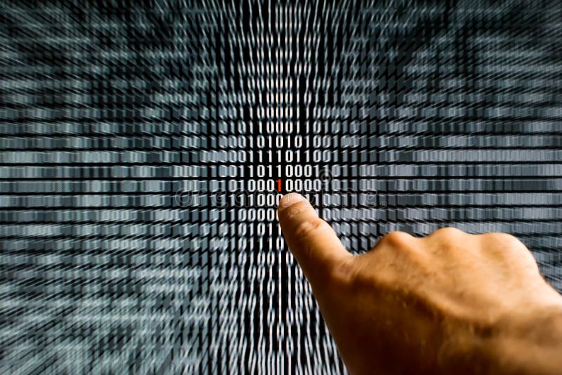 Finger Pointing At A Red Bit In Binary Code Stock Image Image Of Malware Code 93248801