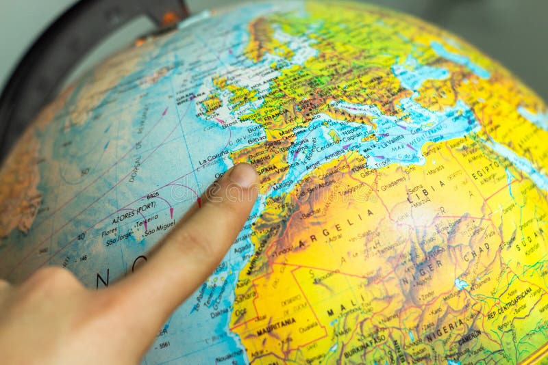 Finger Pointing Spain on the World Map. Stock Photo - Image of global ...