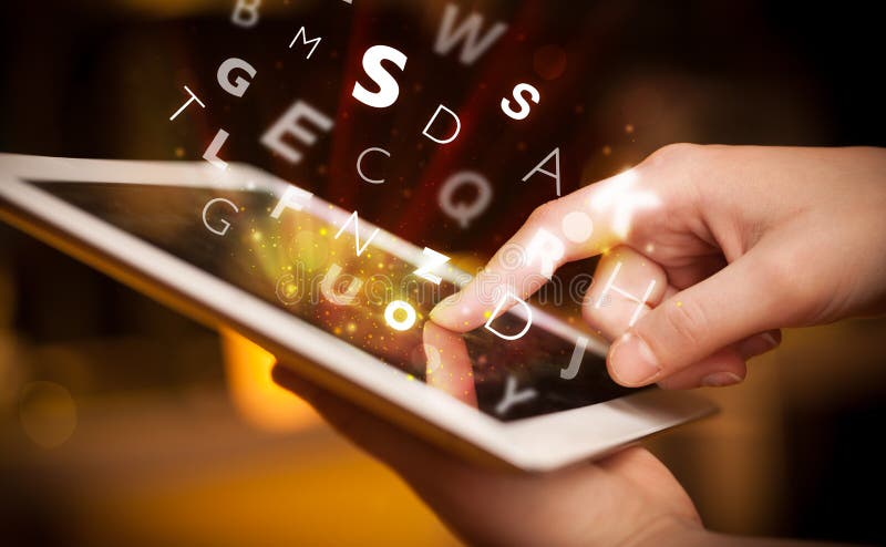 Finger Pointing on Tablet Pc, Letters Concept Stock Photo - Image of ...