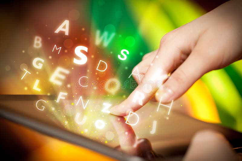 Finger Pointing on Tablet Pc, Letters Concept Stock Photo - Image of ...