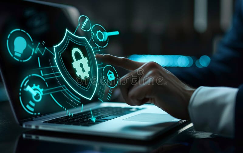 Finger Pointing on a Virtual Shield with Security Icons and a Laptop ...