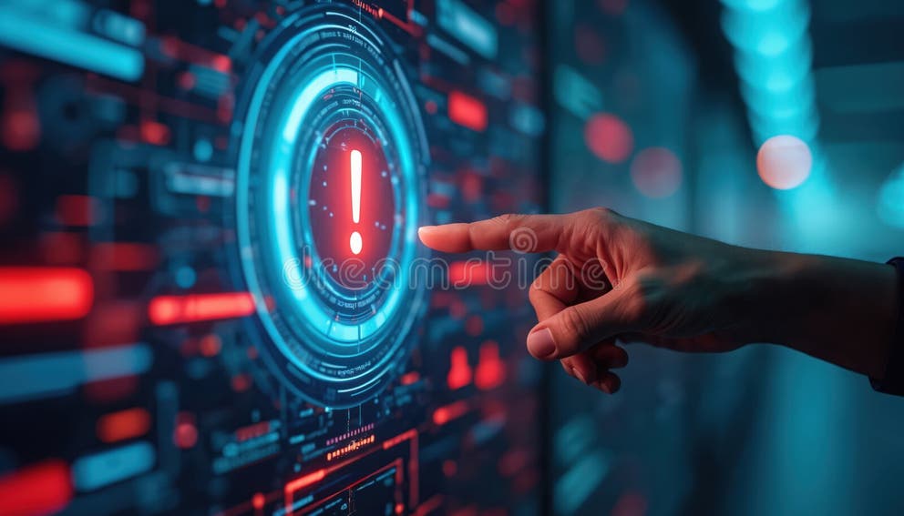 Finger Points at Glowing Exclamation Mark on Digital Screen. Concept of ...