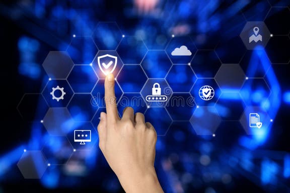 A Finger Points To a Digital Shield Icon within a Hexagonal Interface ...