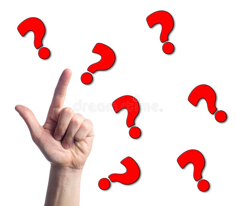 Finger Points To Question Marks on White Isolated Background. Concept ...
