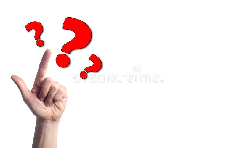 Finger Points To Question Marks on White Isolated Background. Concept ...