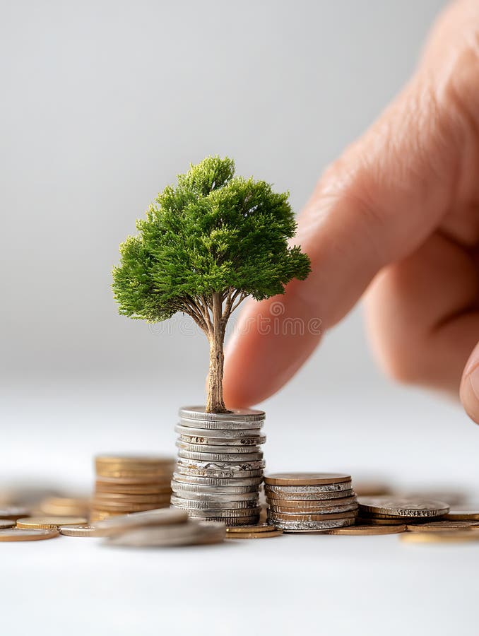 A Finger Points To a Small Tree Growing from a Coin, Representing the ...
